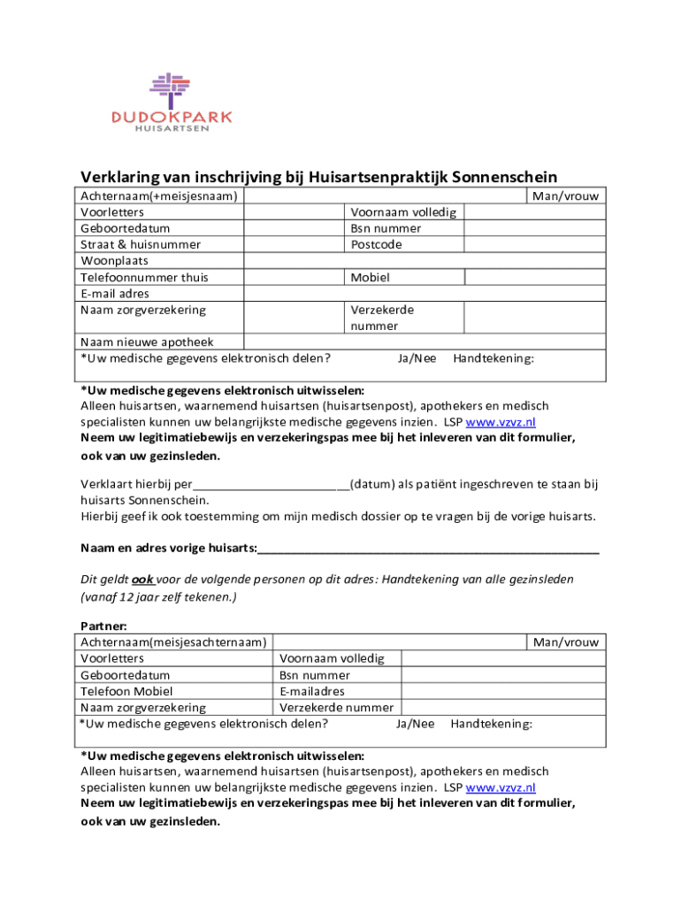 Invulbaar Online Verklaring van inschrijving bij de huisarts ...