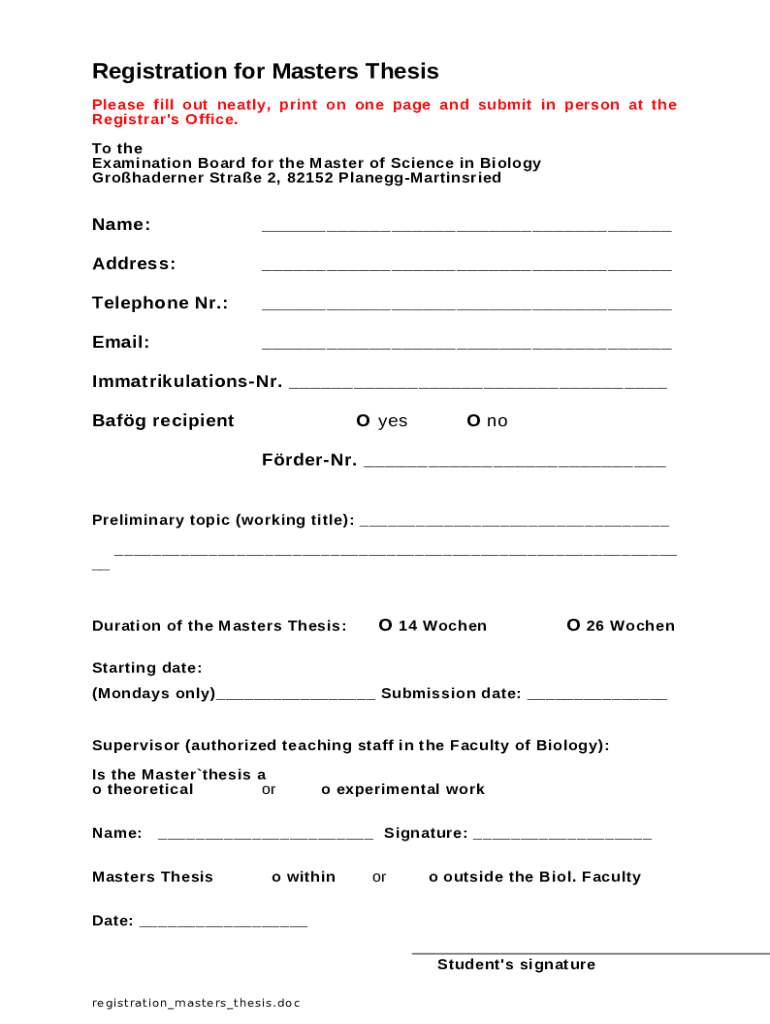 Master's Thesis Registration of Completion Doc Template | pdfFiller
