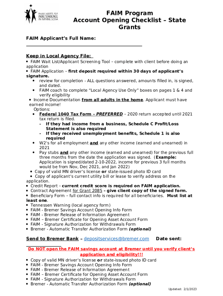 Account Opening Checklist for State Grants Doc Template | pdfFiller