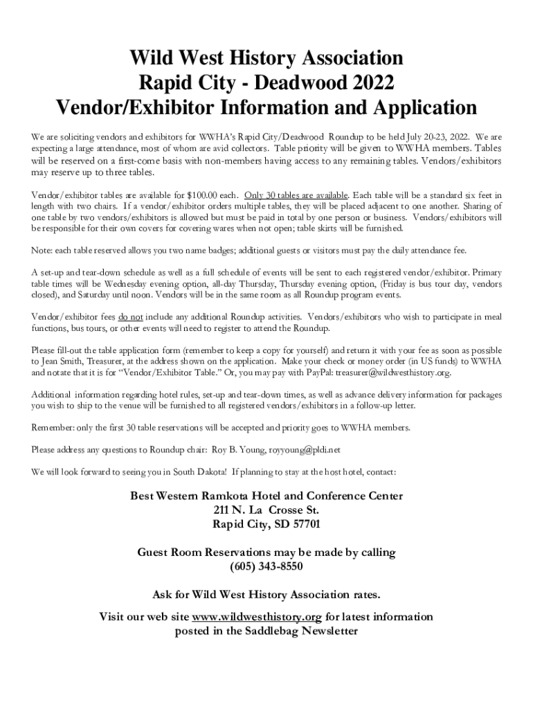 Fillable Online WWHA Rapid City-Deadwood Roundup Vendor/Exhibitor Information and Application ...