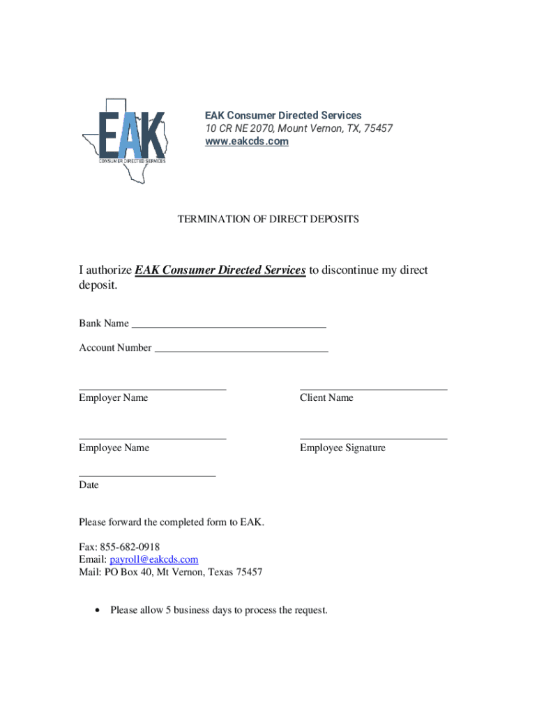 Fillable Online Mt Vernon, TX Healthcare EAK Consumer Directed Services Fax Email Print - pdfFiller