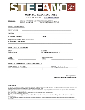 Fillable Online OBRAZAC ZA ZAMENU ROBE Fax Email Print - pdfFiller