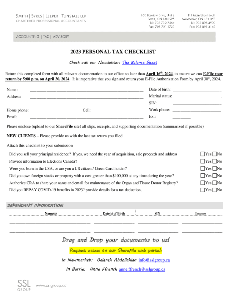 Fillable Online End-of-Year Income Tax Checklist for the 2023 Tax Year ...