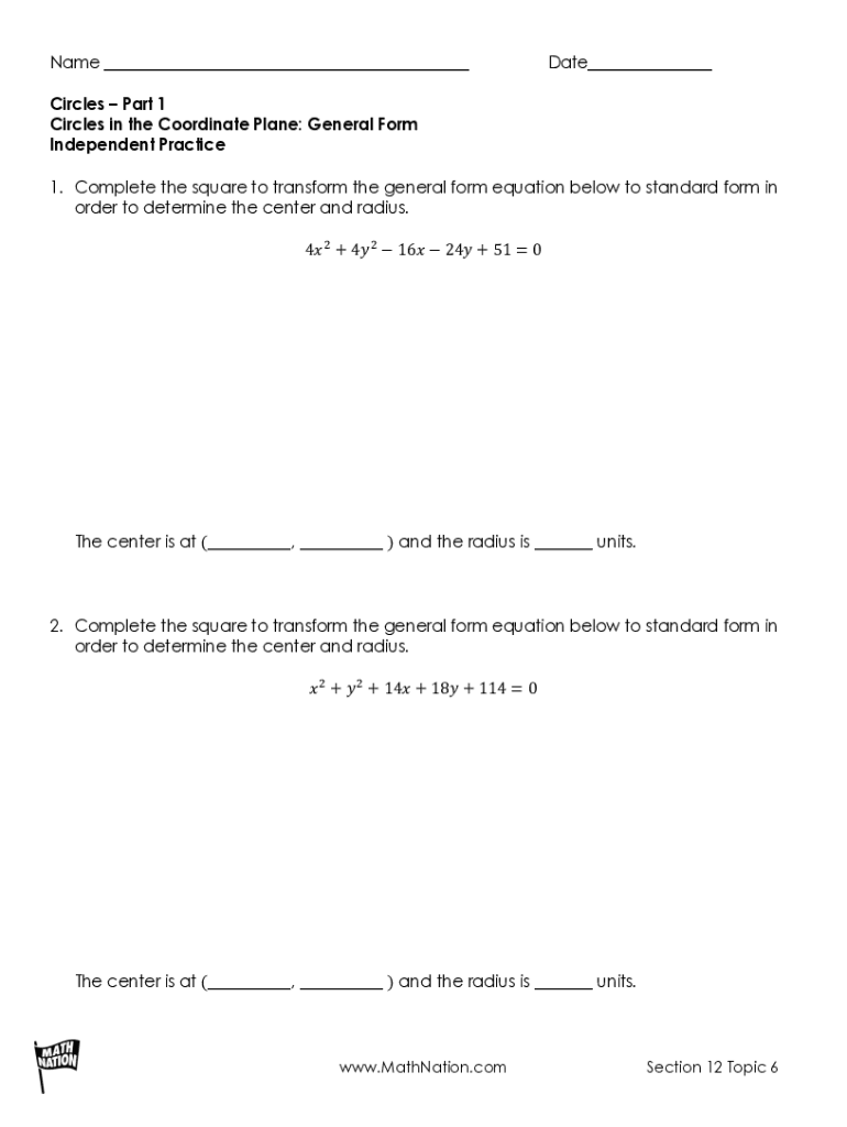 Fillable Online Converting a Circle From General Form to Standard Form ...