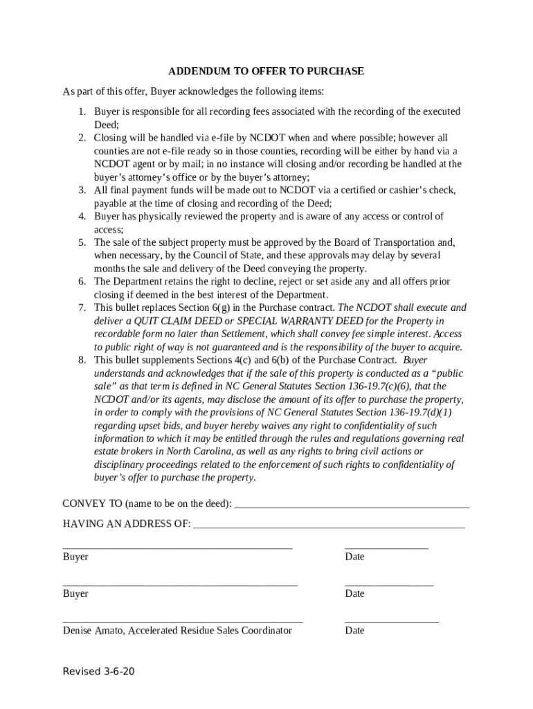 ADDENDUM TO OFFER TO PURCHASE Doc Template | pdfFiller