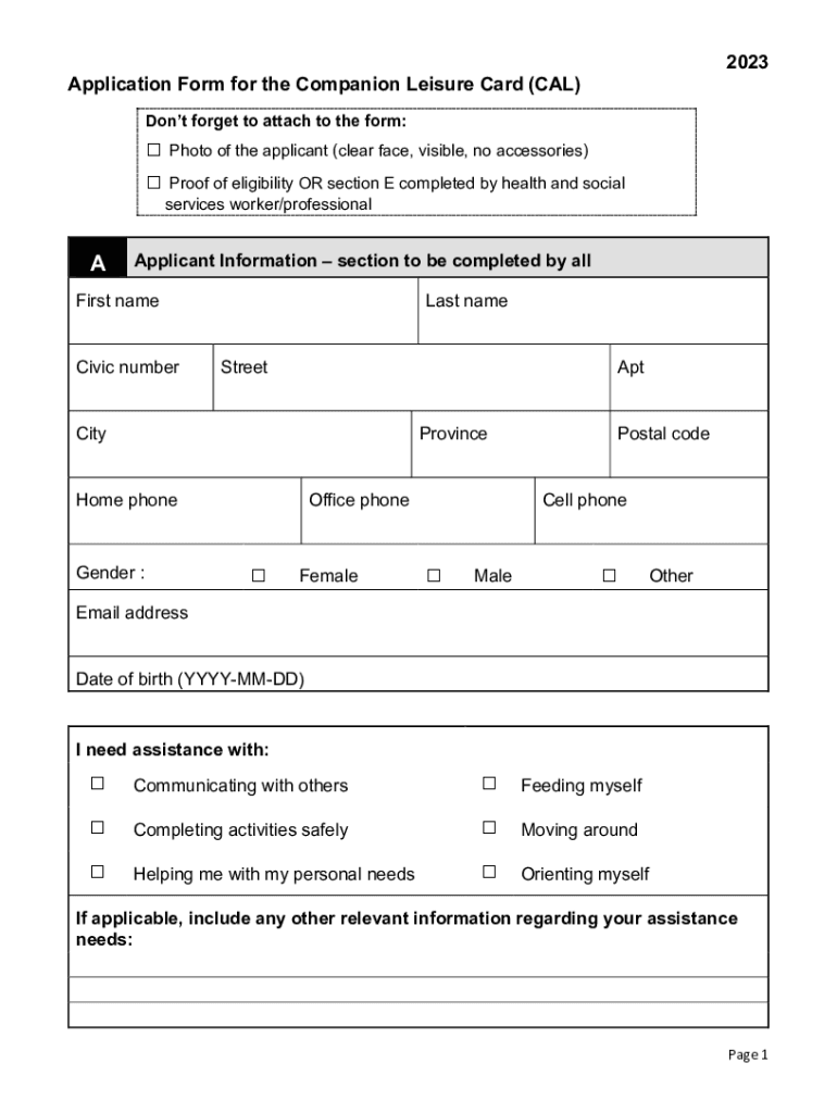 Fillable Online Application Form for the Companion Leisure Card (CAL ...