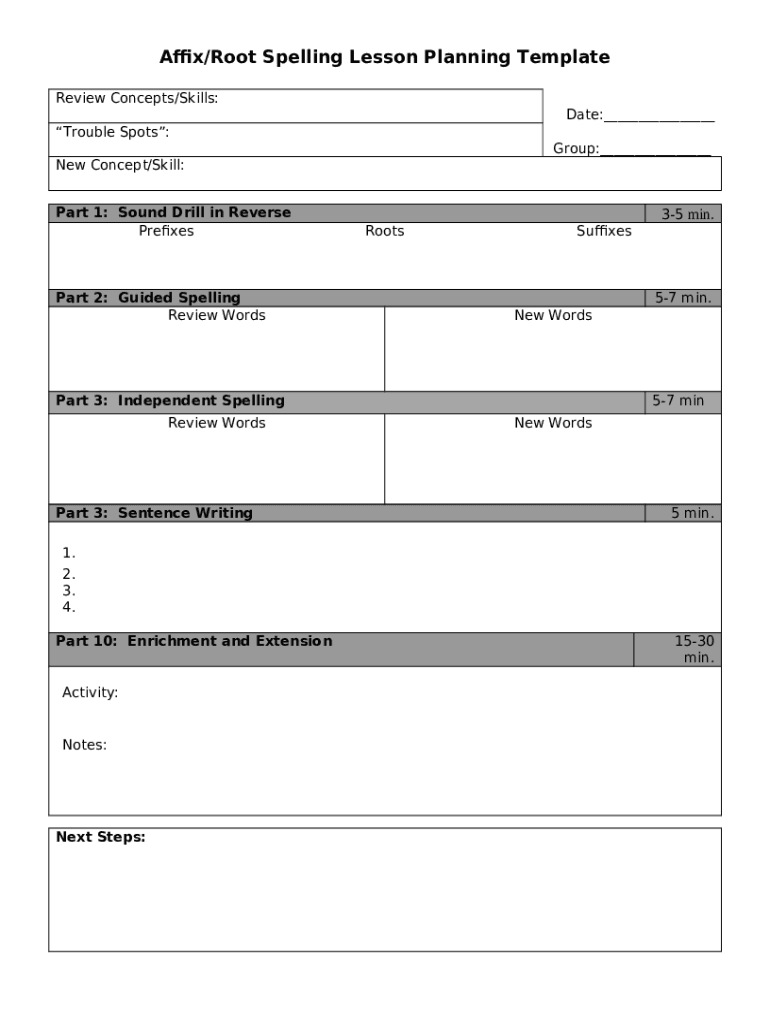 Affix/Root Spelling Lesson Planning Template Doc Template | pdfFiller
