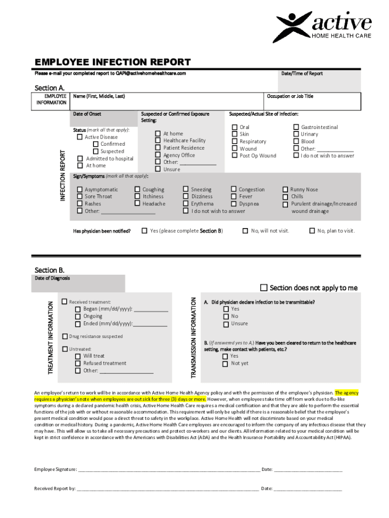 Fillable Online EMPLOYEE INFECTION REPORT Fax Email Print - pdfFiller