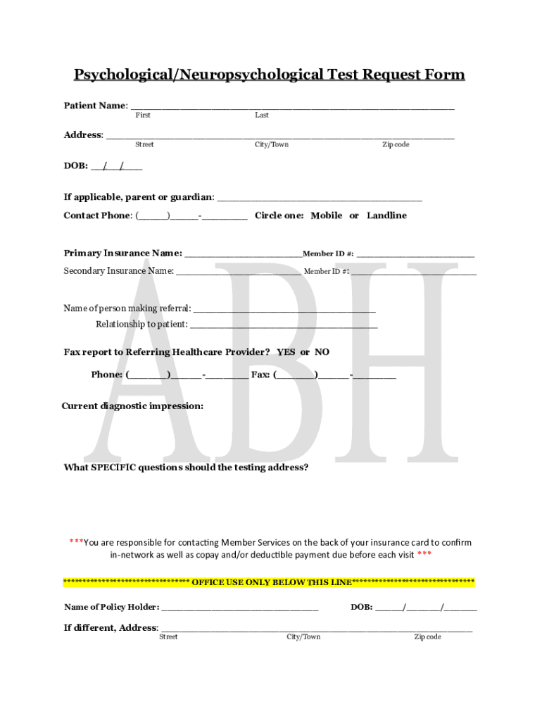 Fillable Online Psychological/Neuropsychological Test Request Form Fax ...