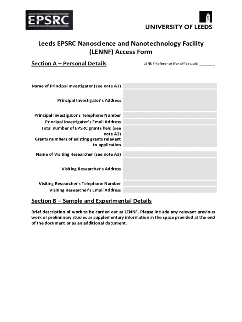 Fillable Online Leeds EPSRC Nanoscience and Nanotechnology Facility (LENNF) Access Form Fax ...