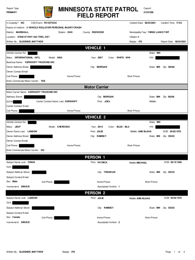 Fillable Online FIELD REPORT MINNESOTA STATE PATROL - Alpha News Fax ...