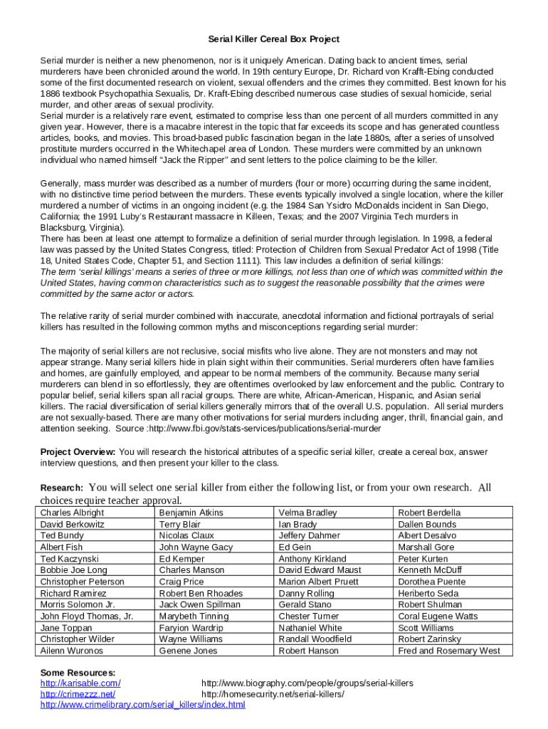 Serial Killer Cereal Box Project - An Educator's Space Doc Template ...