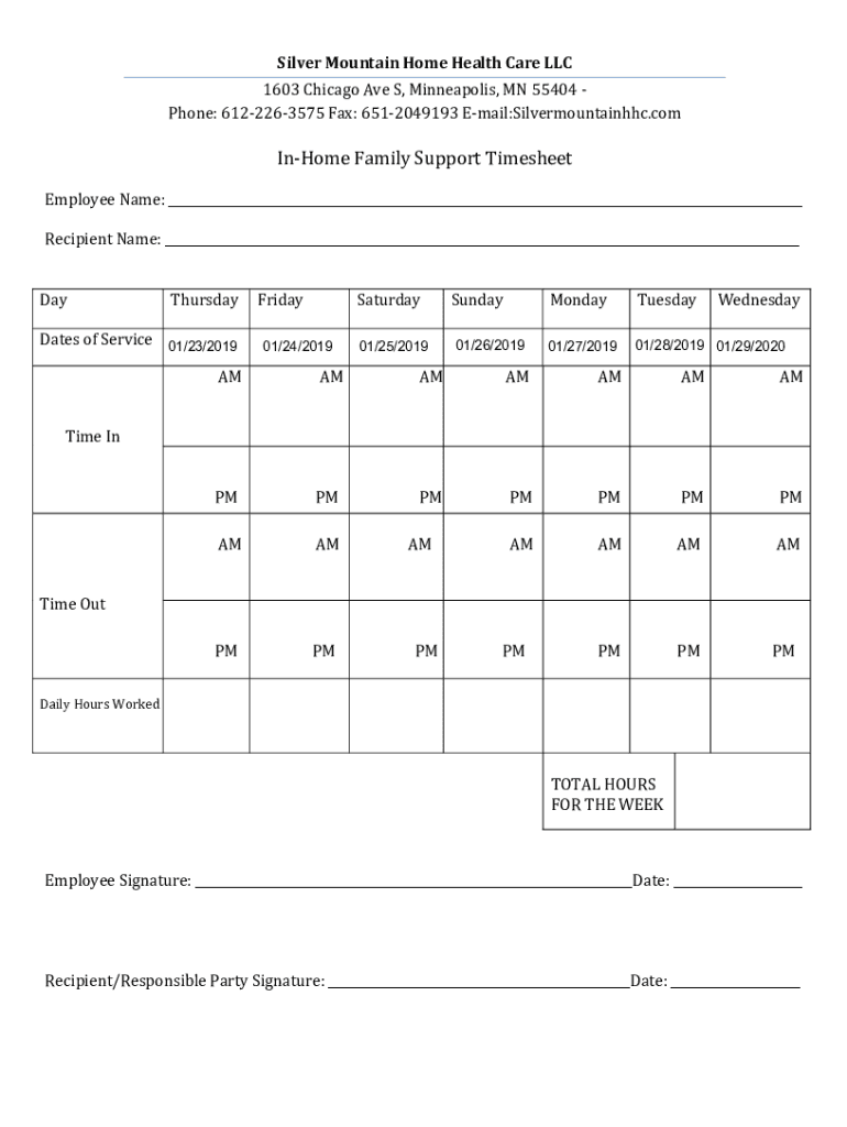 Fillable Online In-Home Family Support Timesheet - Silver Mountain Home ...