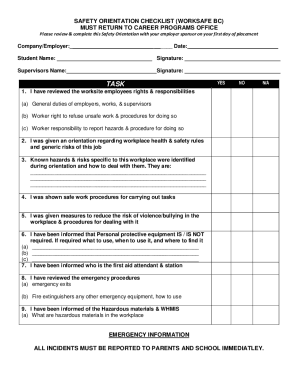 Fillable Online safety orientation checklist (worksafe bc) must return ...