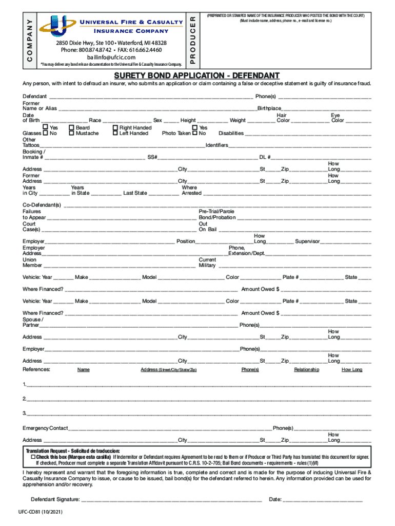Fillable Online DEFENDANT - SURETY BOND APPLICATION Fax Email Print ...