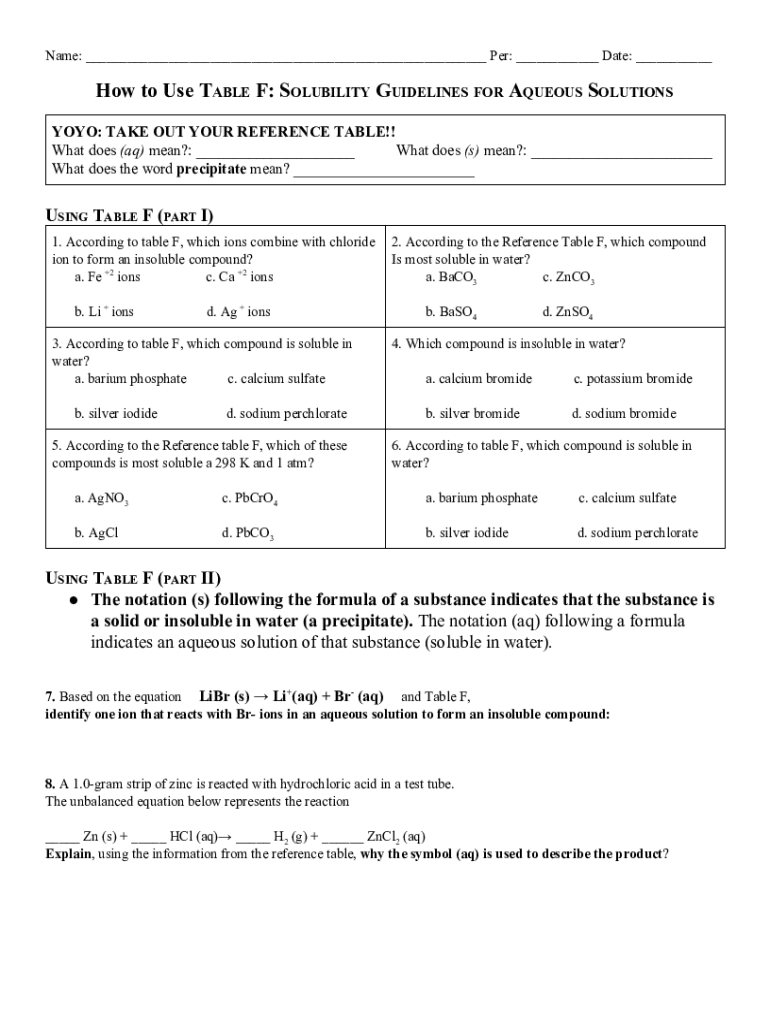 Fillable Online Table F Solubility Guidelines for Aqueous Solutions Fax ...
