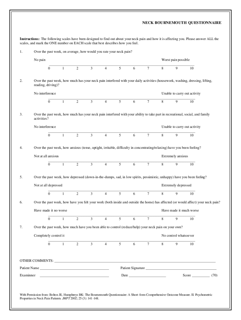 Fillable Online Fillable Online Bournemouth Questionnaire for Neck Pain ...