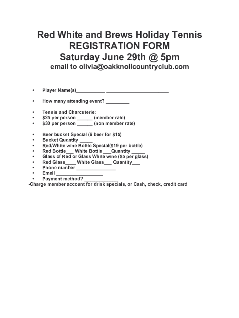 Fillable Online Red White and Brews Holiday Tennis REGISTRATION FORM ...