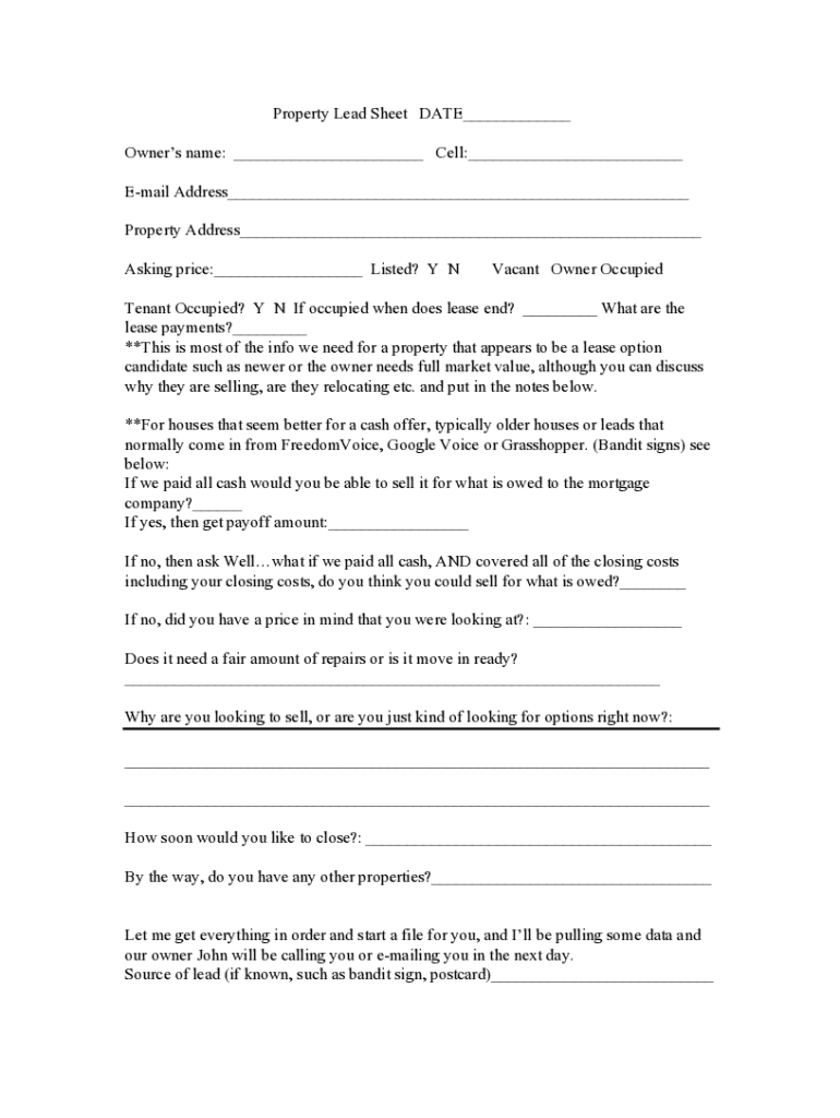Fillable Online Property Lead Sheet Fax Email Print - pdfFiller