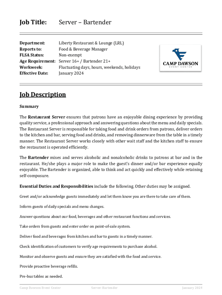 Fillable Online Position: Bartender Department: Food and Beverage ...