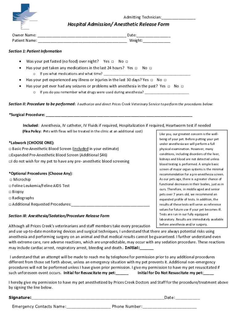 Fillable Online Hospital Admission/ Anesthetic Release Form Fax Email ...