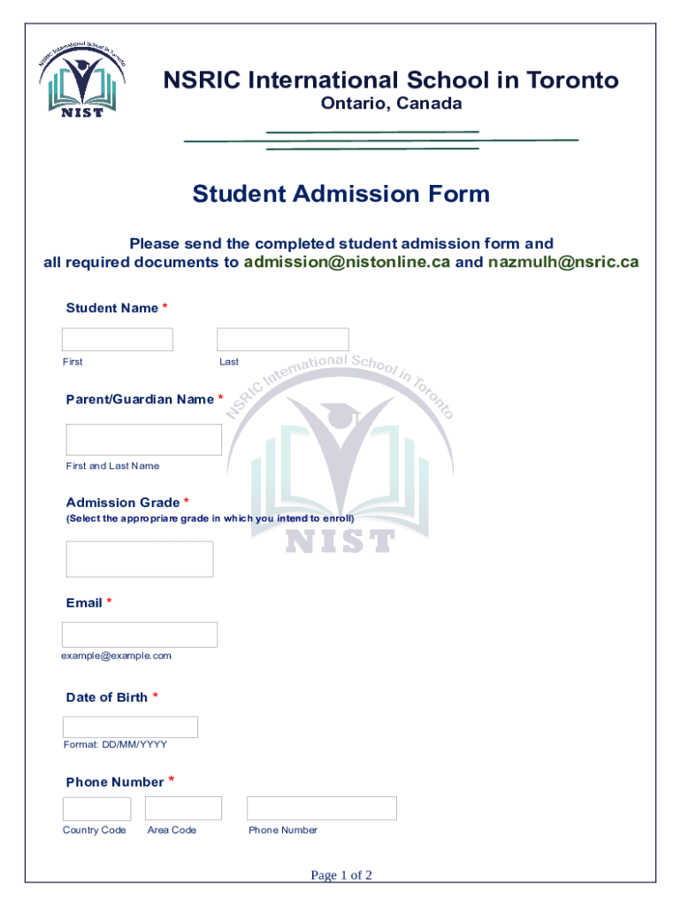 Fillable Online NSRIC International School in Toronto Student Admission ...