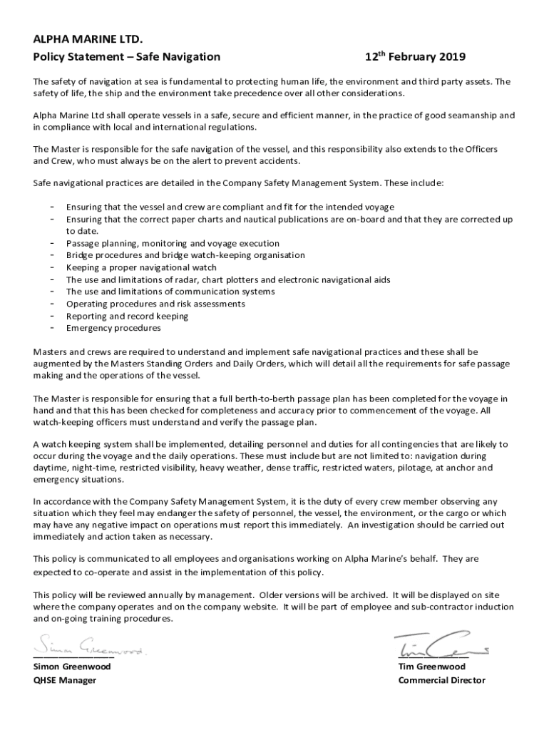 Fillable Online ALPHA MARINE LTD. Policy StatementHealth and Safety Fax Email Print - pdfFiller