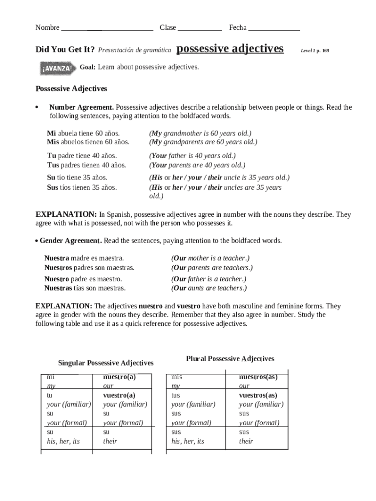 How to Use Spanish Possessive Adjectives? (Chart & ... Doc Template ...
