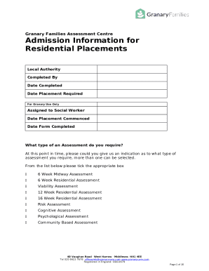 Admission for Residential Assessment Doc Template | pdfFiller
