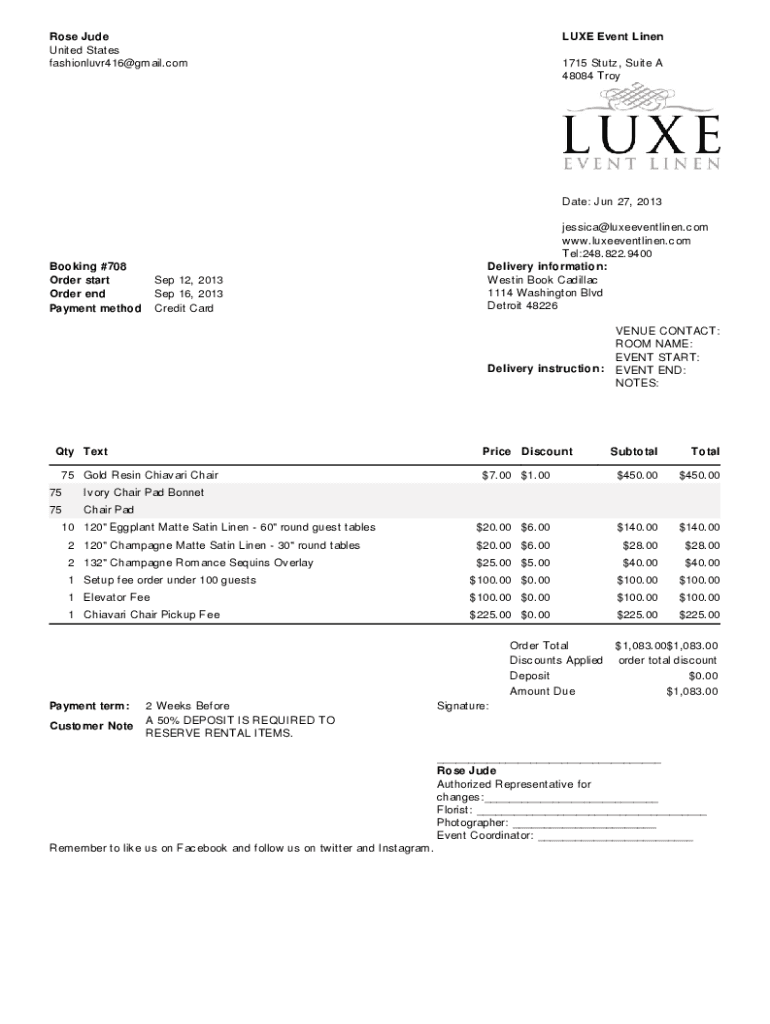 Fillable Online LUXE Event Linen 1715 Stutz, Suite A 48084 Troy Date ...
