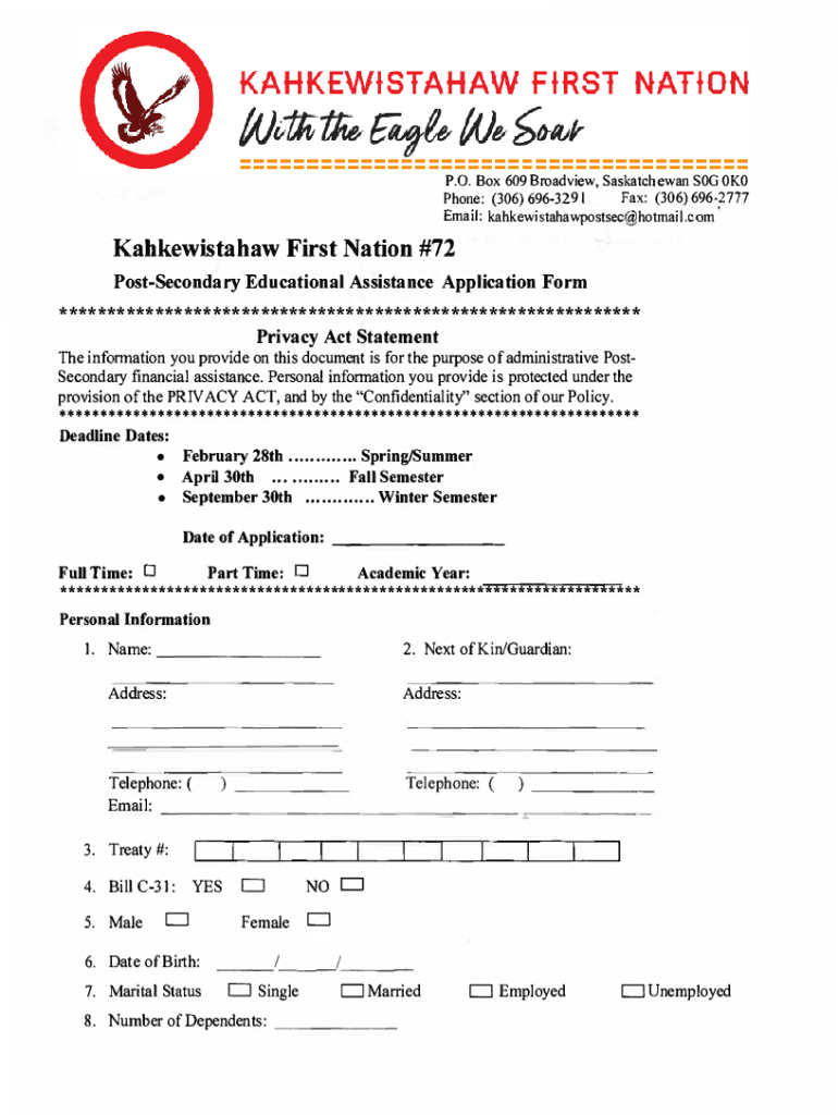 Fillable Online Post-Secondary Educational Assistance Application Form ...