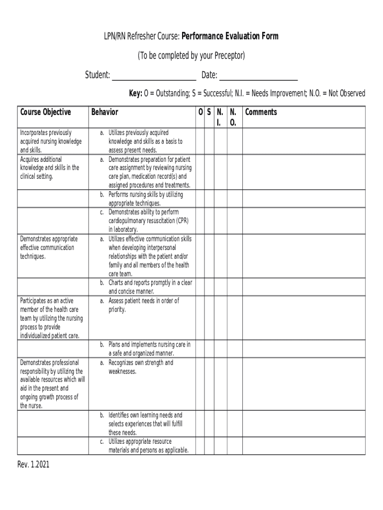 Preceptor Evaluation for NUA 451 Nursing III Course Doc Template ...