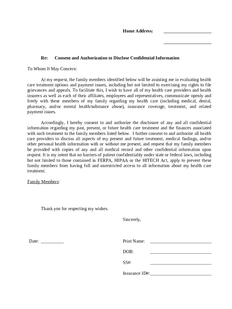 Re:Consent and Authorization to Disclose Confidential Ination Doc Template | pdfFiller