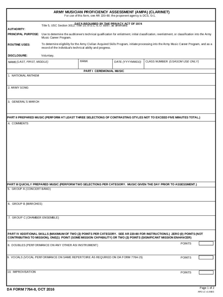 Fillable Online ARMY MUSICIAN PROFICIENCY ASSESSMENT (AMPA) (CLARINET ...