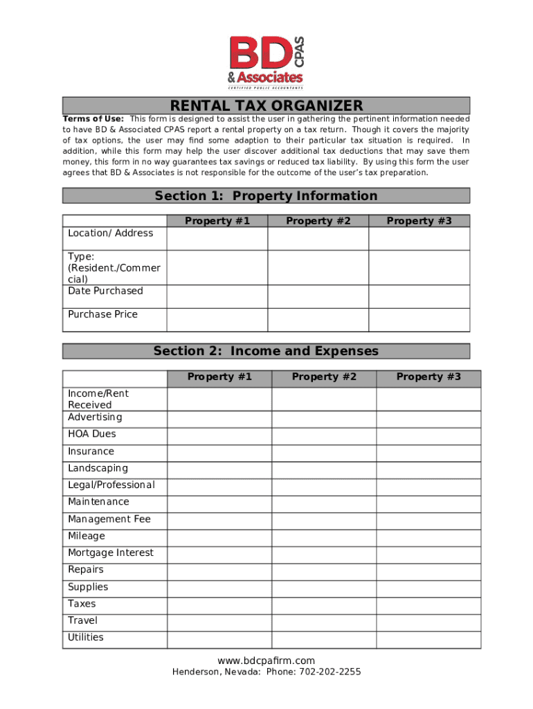 instructions for rental tax organizer Doc Template | pdfFiller