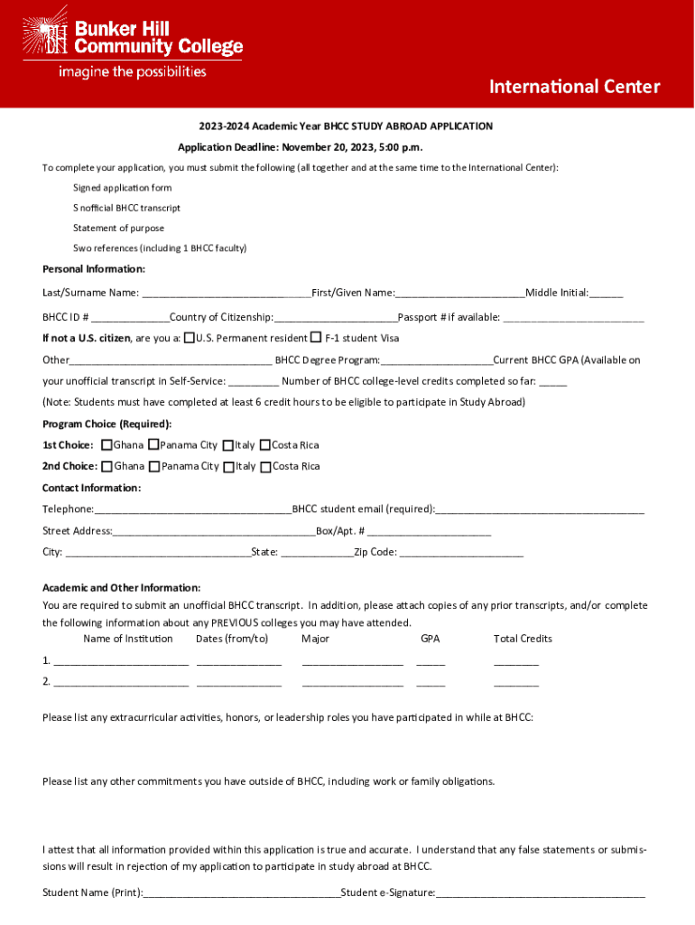 Fillable Online 2023-2024 Academic Year BHCC STUDY ABROAD APPLICATION Fax Email Print - pdfFiller