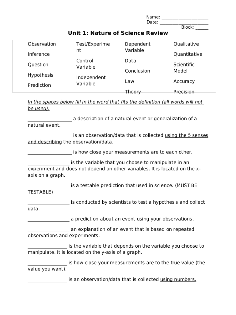 Nature of Science Vocabulary Word Bank Control Group ... Doc Template ...
