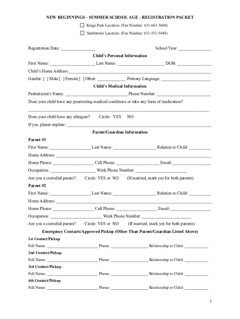 Fillable Online Summer School Age Registration Packet Revised 1/22/24 ...
