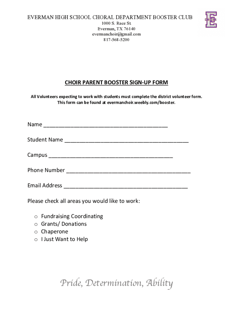 Fillable Online Booster Sign-Up Form - everman high school choir Fax ...