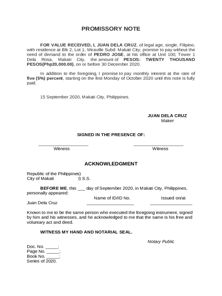 Promissory Note - of Legal Age, Single, Filipino, With Doc Template ...