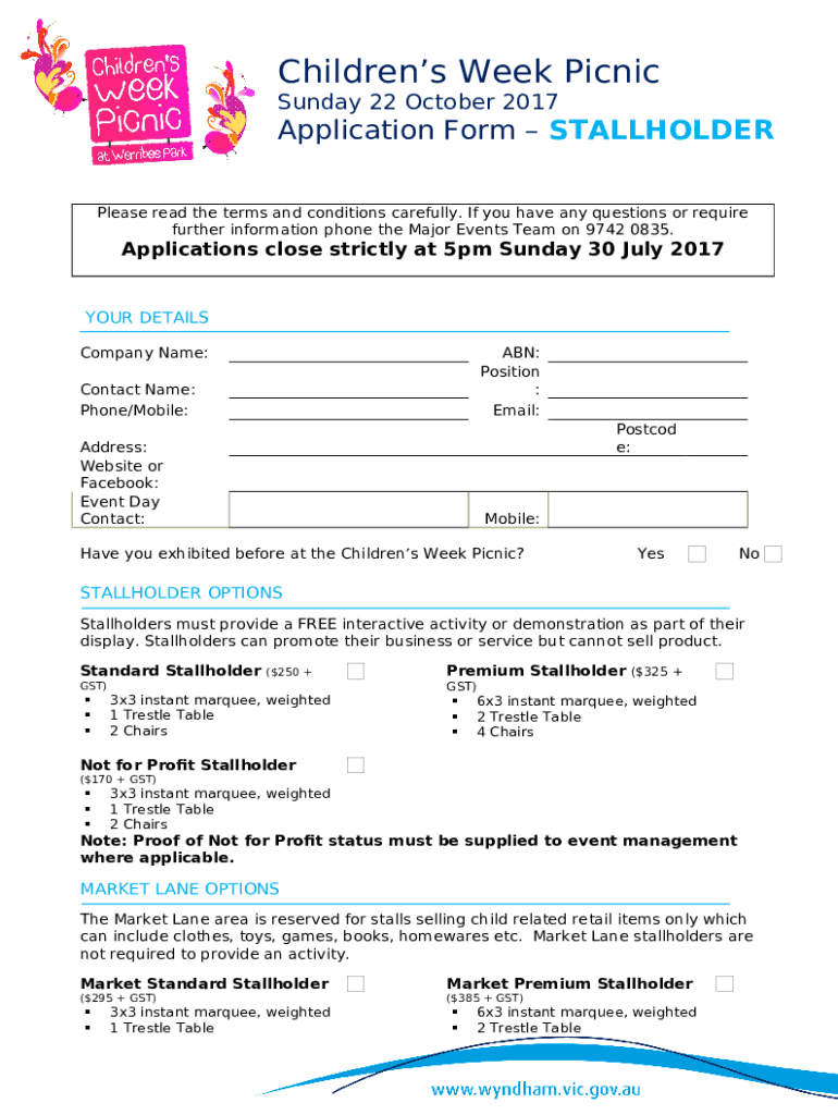 Stallholder - Application - Children's Week Picnic ... Doc Template | pdfFiller