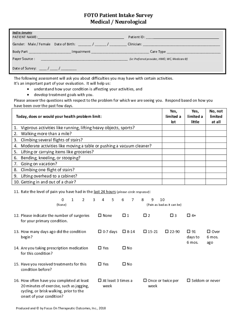 Fillable Online FOTO Patient Intake Survey Medical / Neurological Fax ...