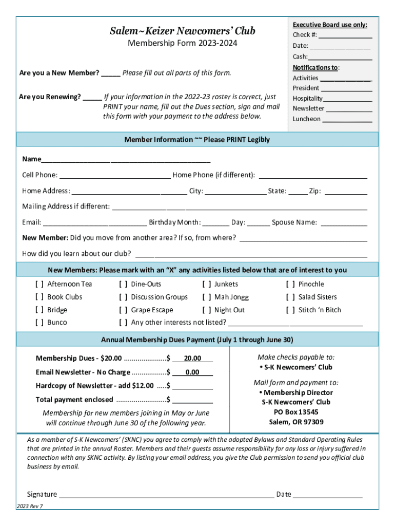 Fillable Online Barnstable Newcomers Club Membership Form 2023-2024 Fax ...