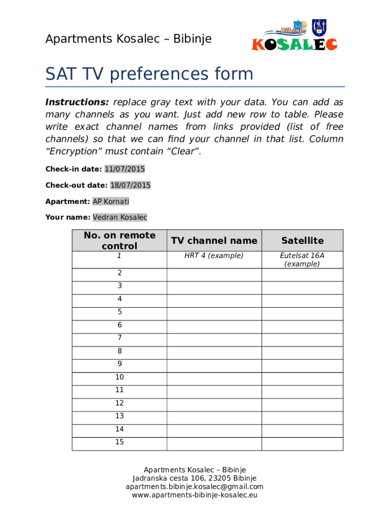 SAT TV preferences - Apartments Bibinje Kosalec Doc Template | pdfFiller