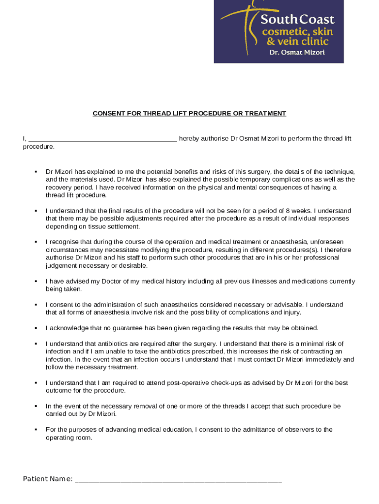 Consent for Treatment with Thread Lift Sutures Doc Template | pdfFiller