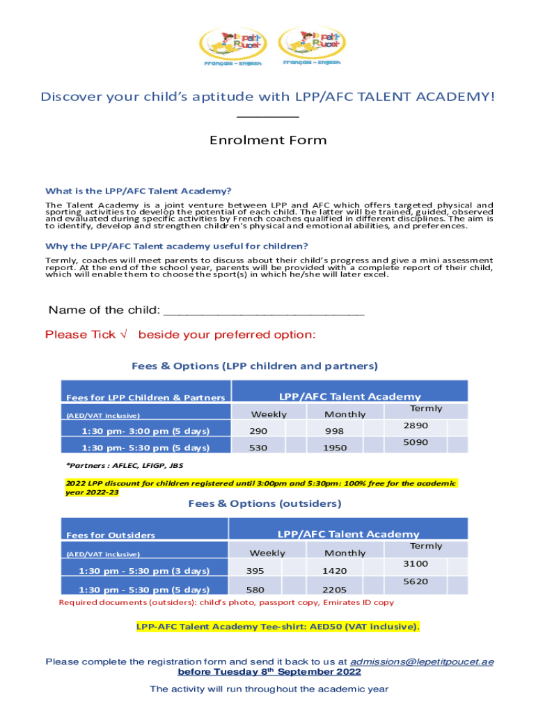 Fillable Online Discover your childs aptitude with LPP/AFC TALENT ACADEMY! Registration Form Fax ...