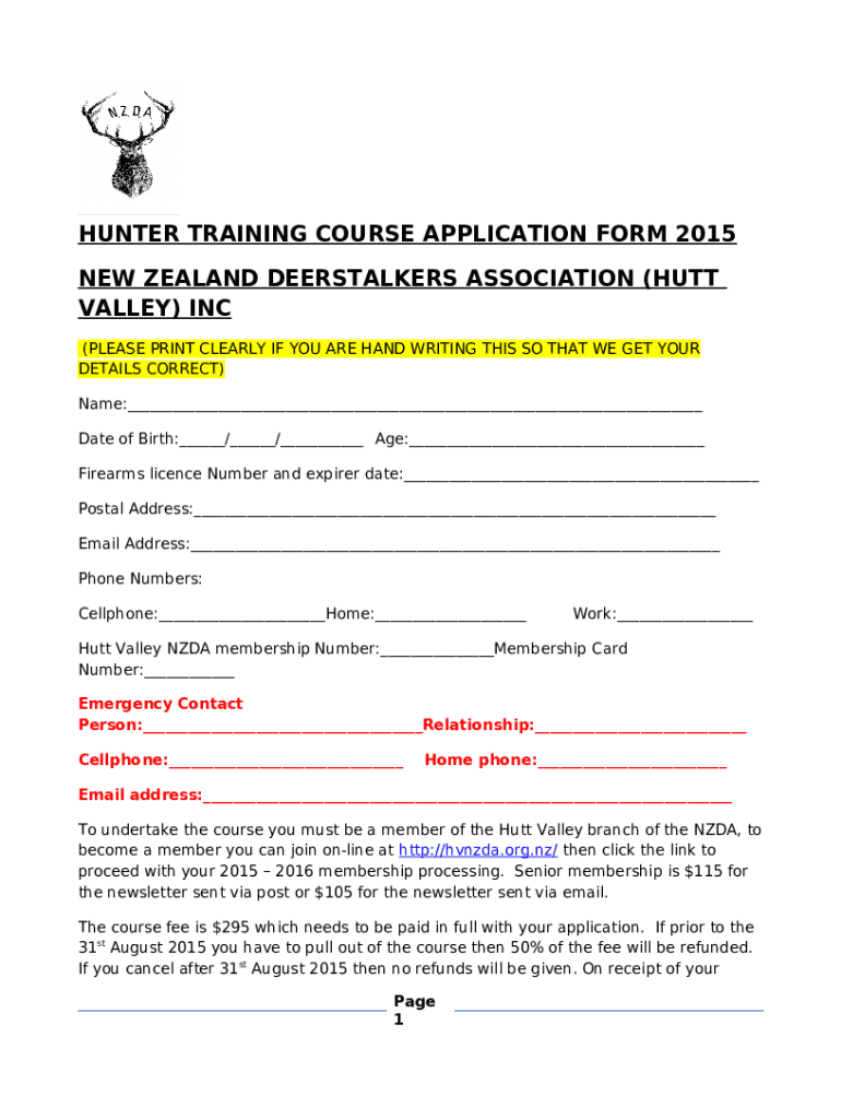 Online hvnzda org Hunter Training Application Doc Template | pdfFiller