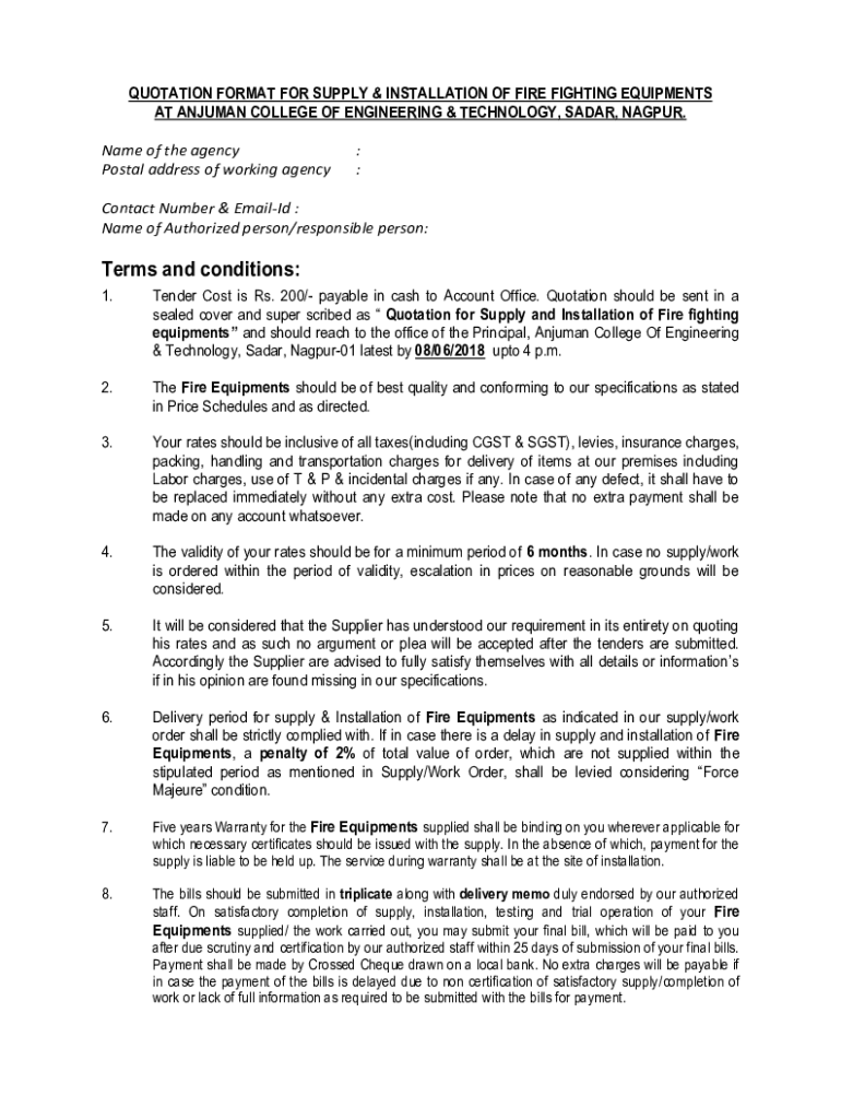 Fillable Online quotation format for supply & installation of fire ...