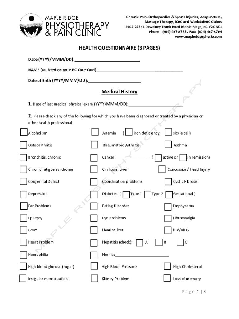 Fillable Online HEALTH QUESTIONNAIRE (3 PAGES) Medical History Fax ...