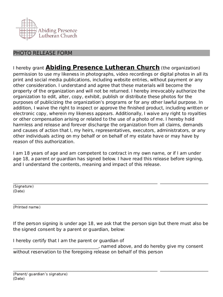 Church Photo Release Doc Template | pdfFiller